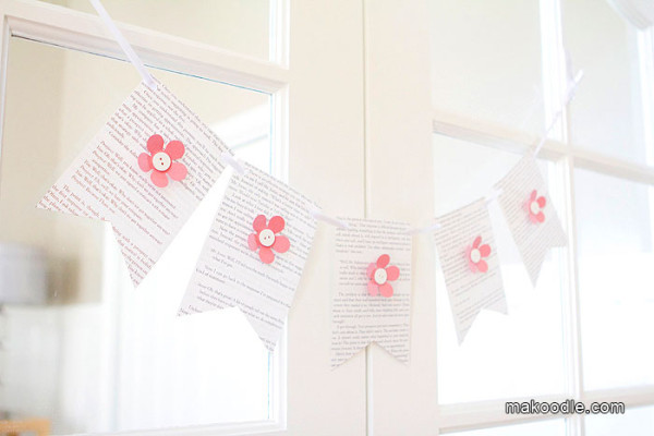 Spring Banner - Pink Flower & Book Page Garland - Makoodle
